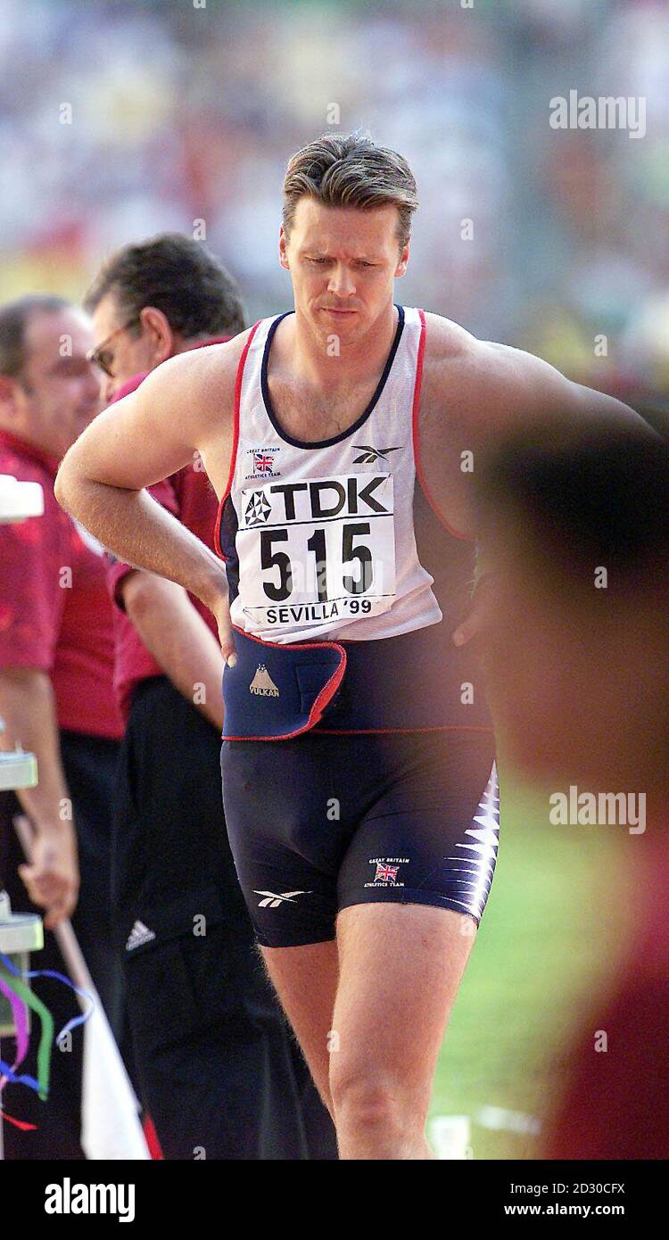 Steve Backley considers his position during the Javelin final event at ...