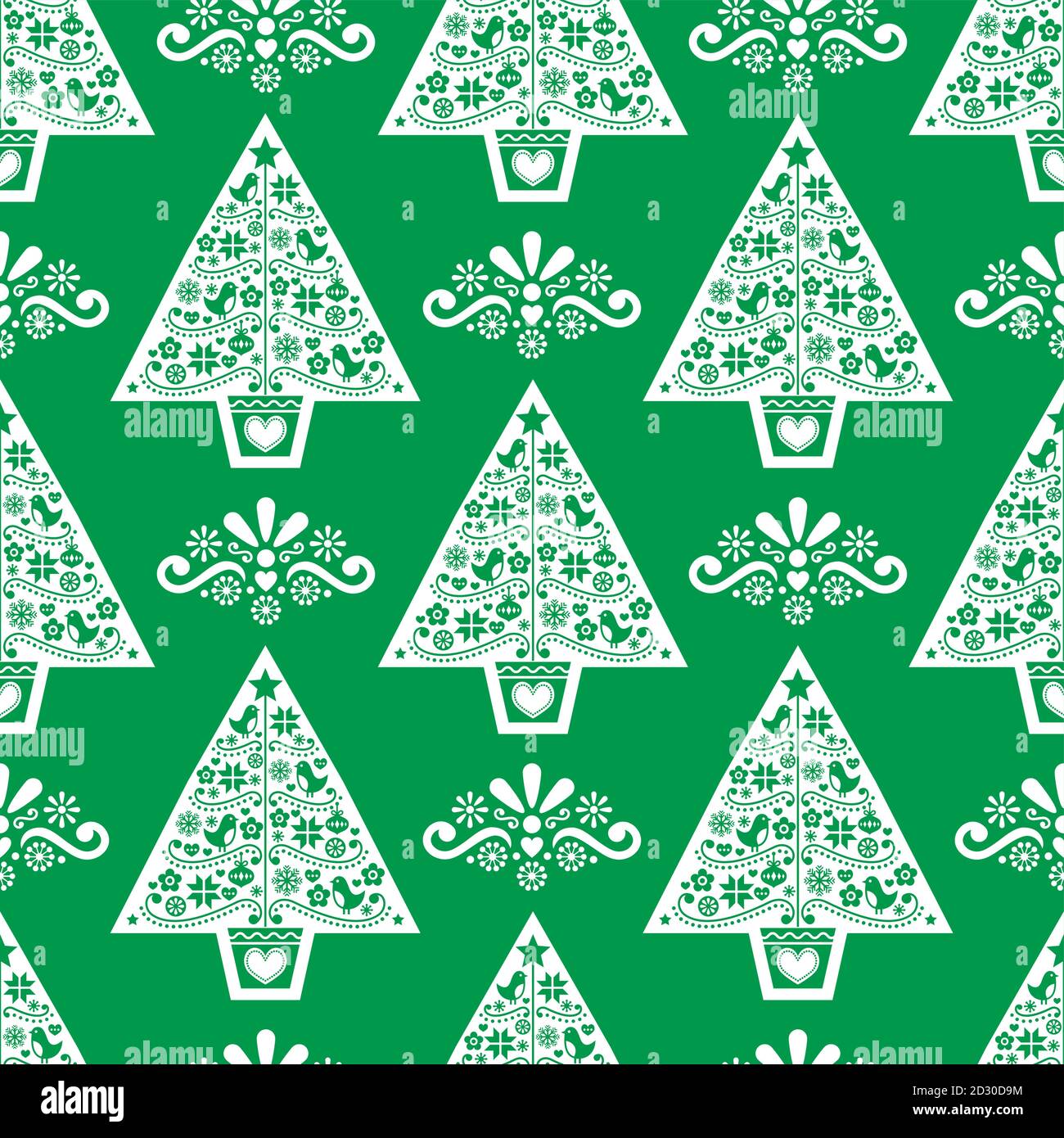 Christmas tree folk art vector seamless pattern in white on green ...
