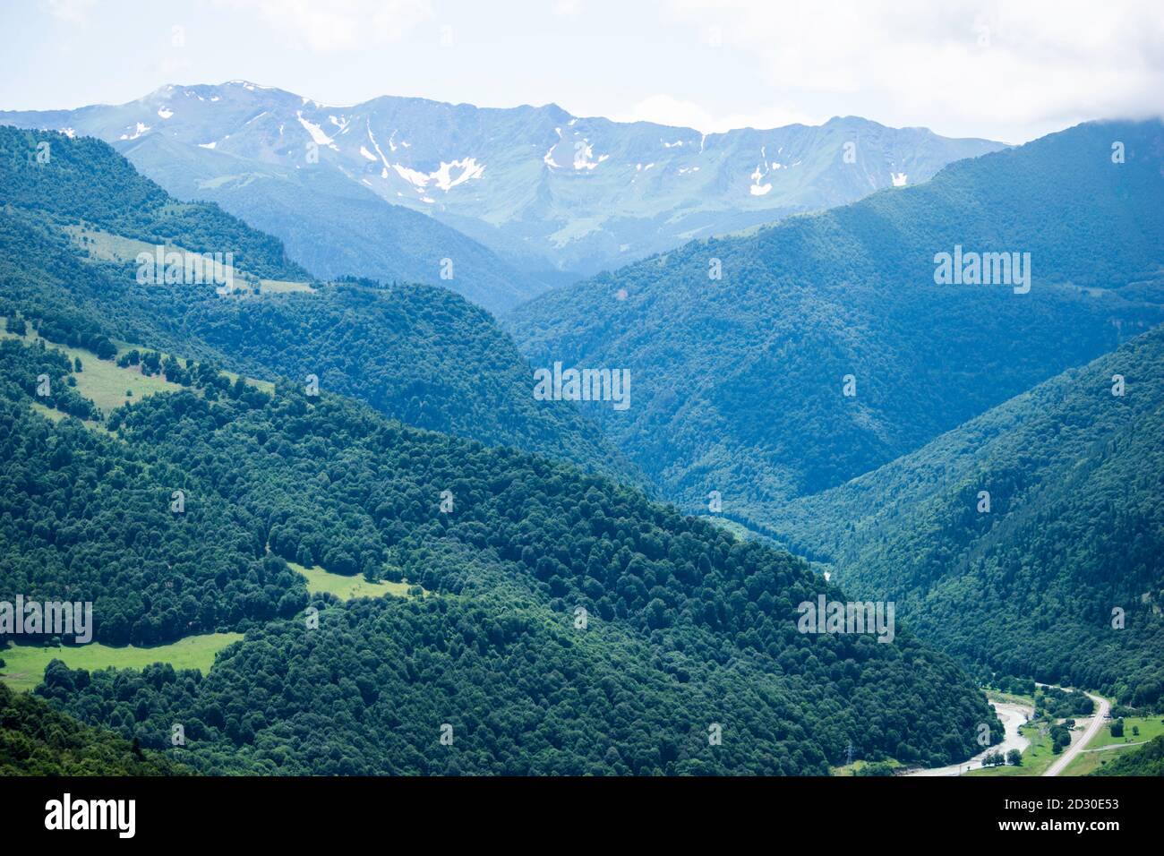 The mountain landscape, mountains, green trees, valley, glaciers Arkhyz ...