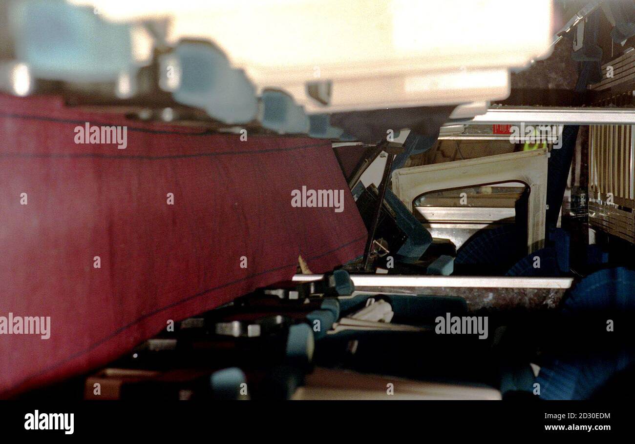 The interior of a crash wrecked train carriage viewed on it's side, as ...