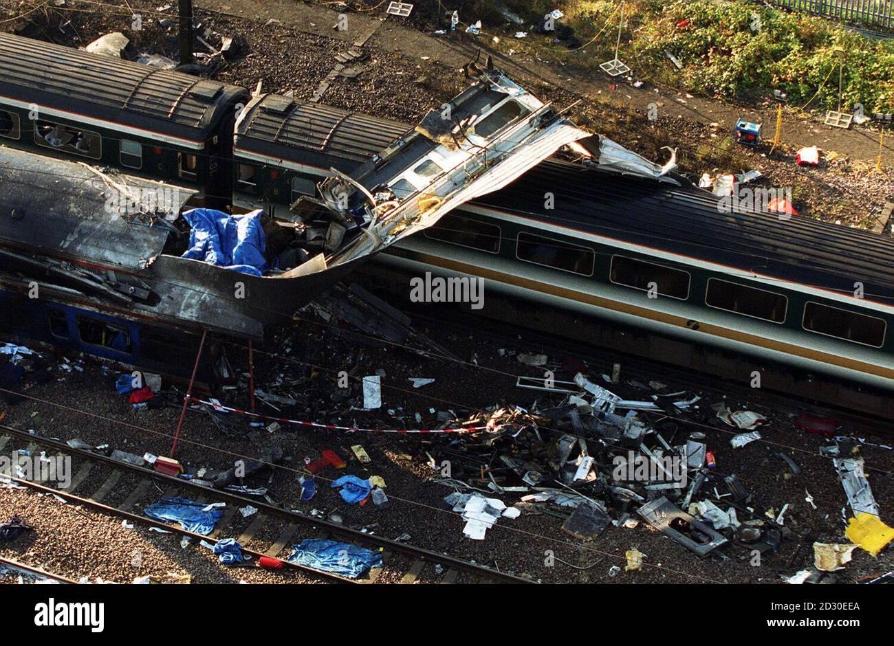 An aerial view of the devastating crash wreckage of two trains which ...