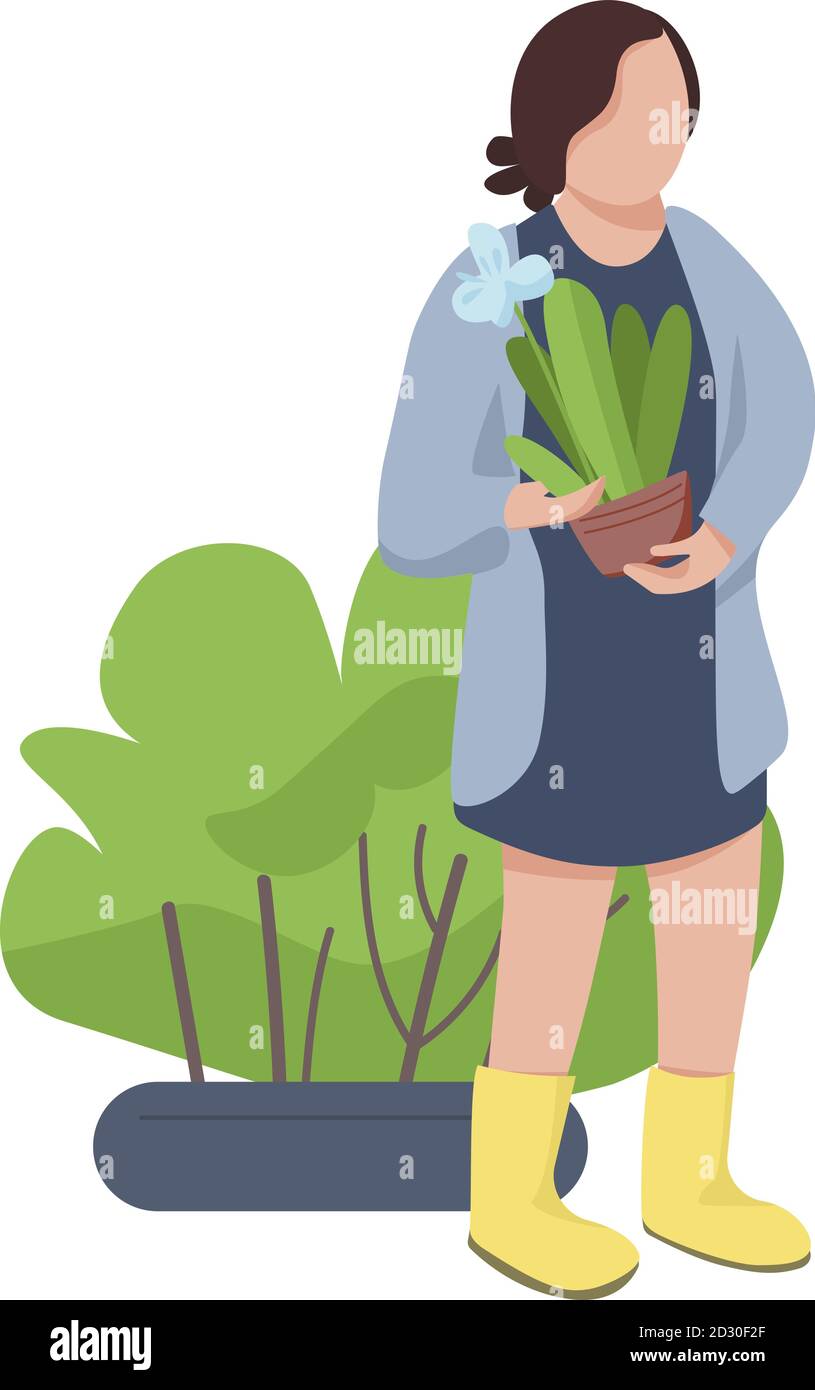 Girl with flowerpot, woman holding houseplant flat color vector ...