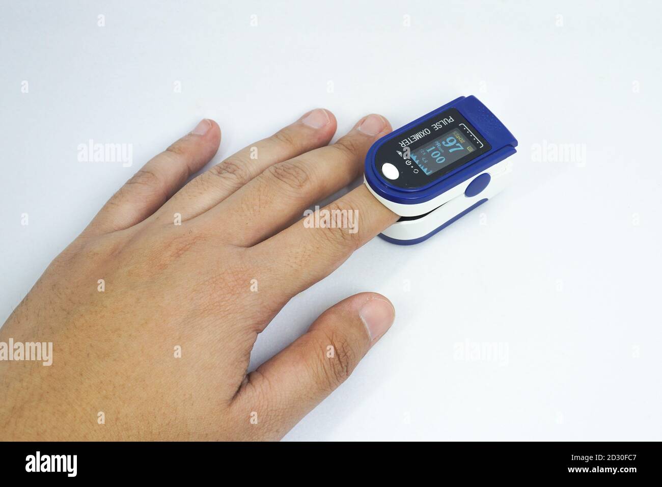 Pulse oximeter used to measure pulse rate and oxygen levels Stock Photo ...