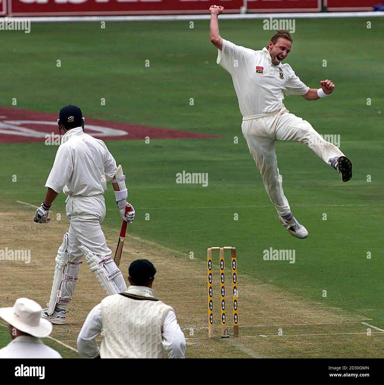 South African Allan Donald celebrates with a leap in the air as he ...