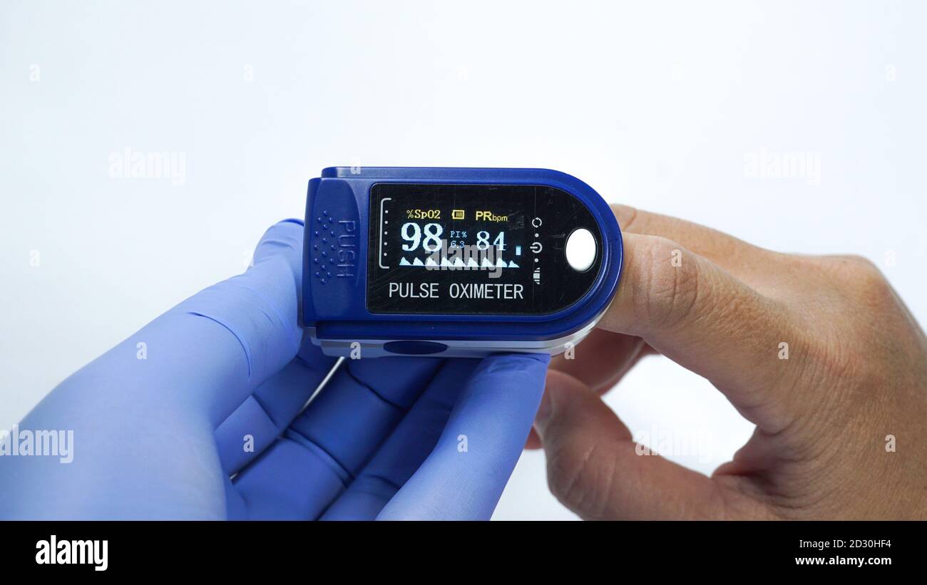 Pulse oximeter used to measure pulse rate and oxygen levels Stock Photo ...