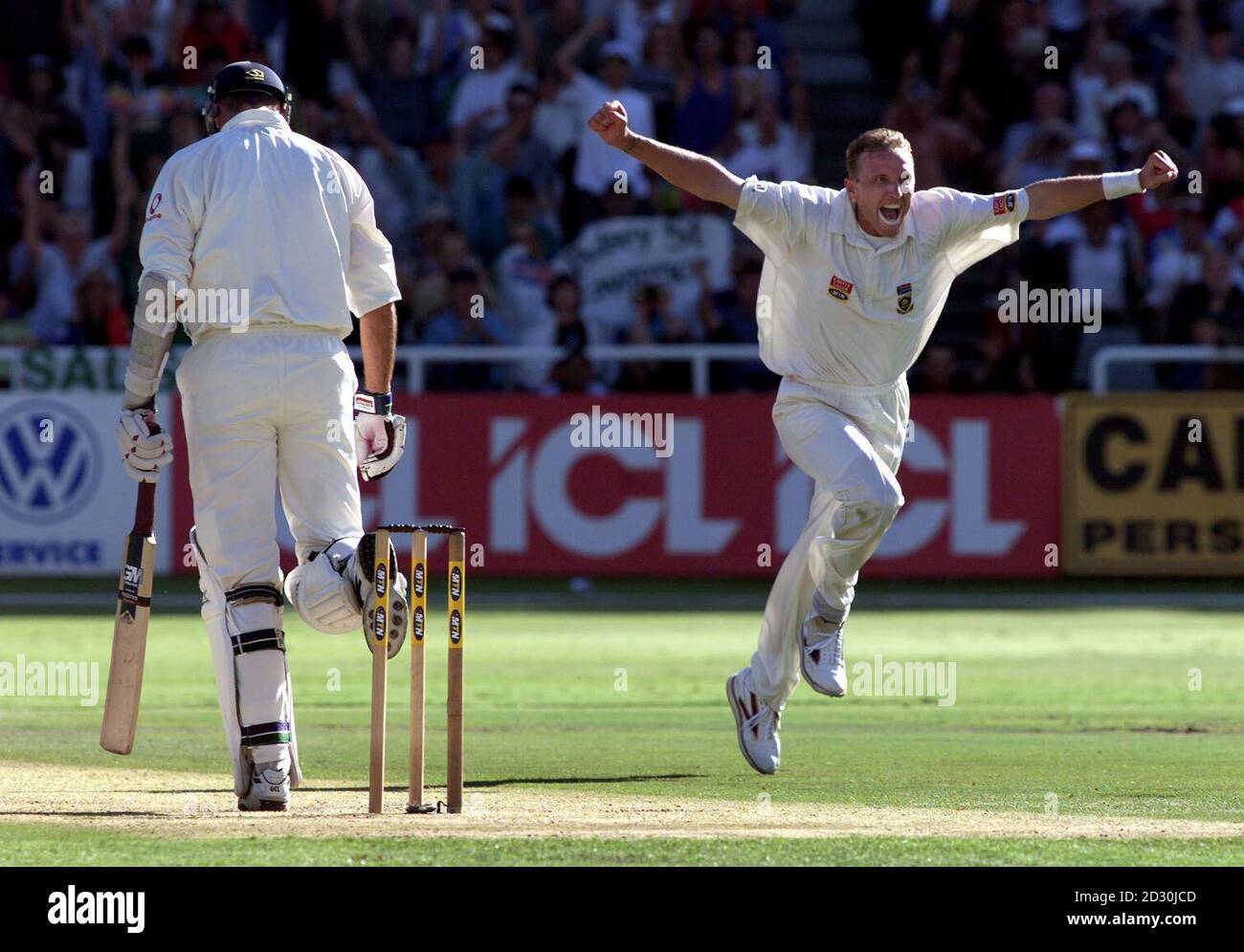 South Africa's Allan Donald celebrates the wicket of Andrew Caddick for ...