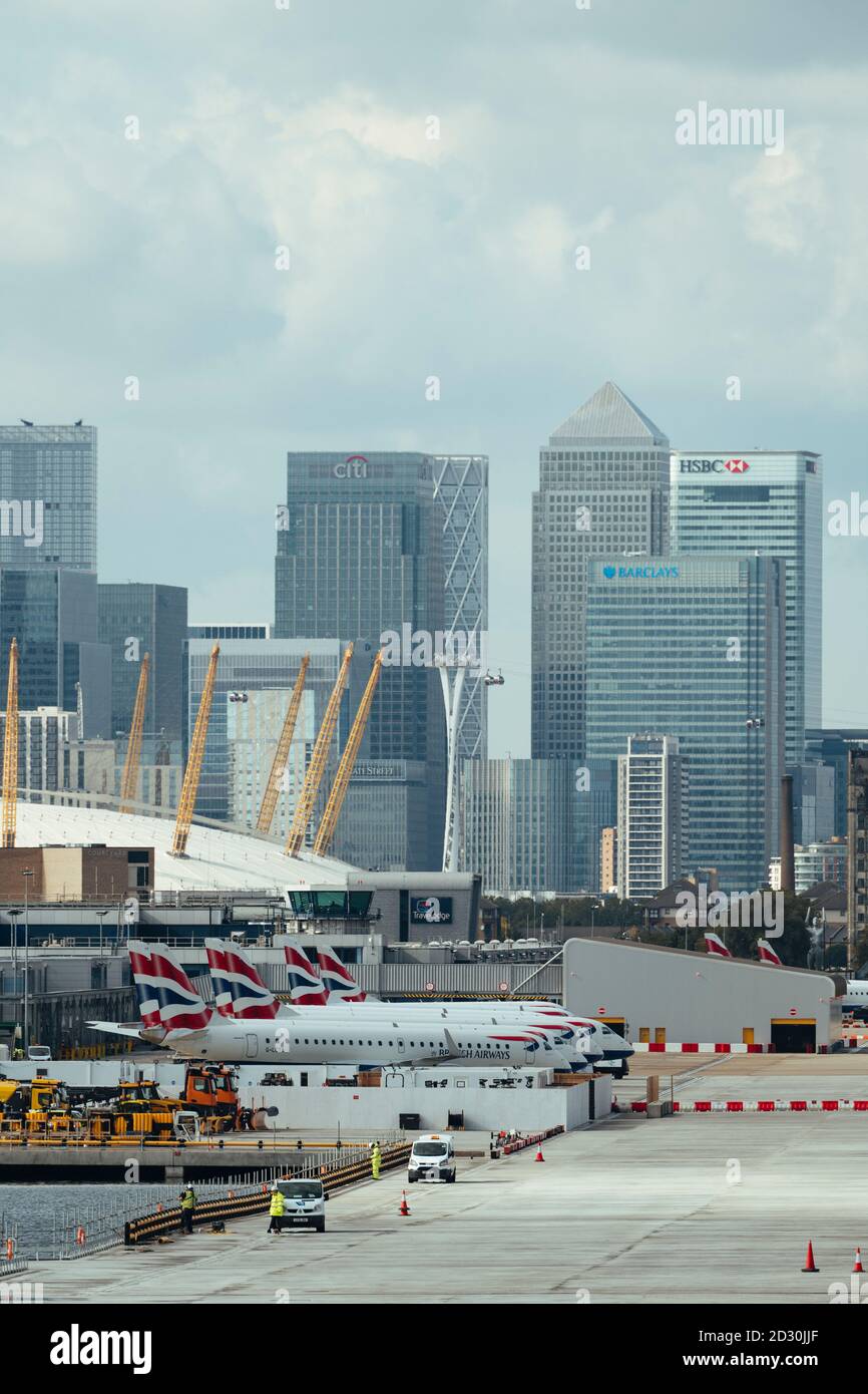 View of London City Airports with the O2 and Canary Wharf Docklands ...