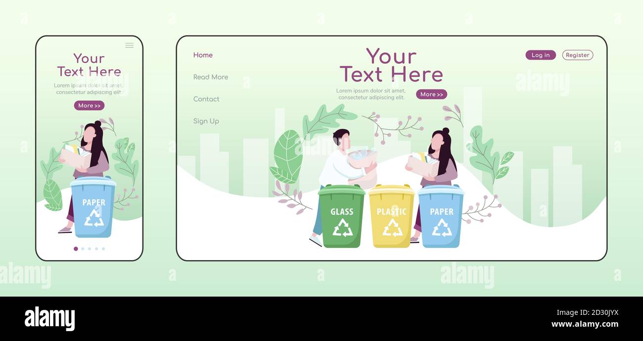 Waste management adaptive landing page flat color vector template ...
