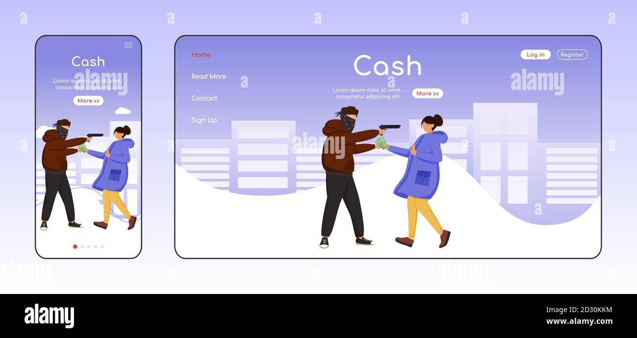 Cash theft adaptive landing page flat color vector template. Thief ...