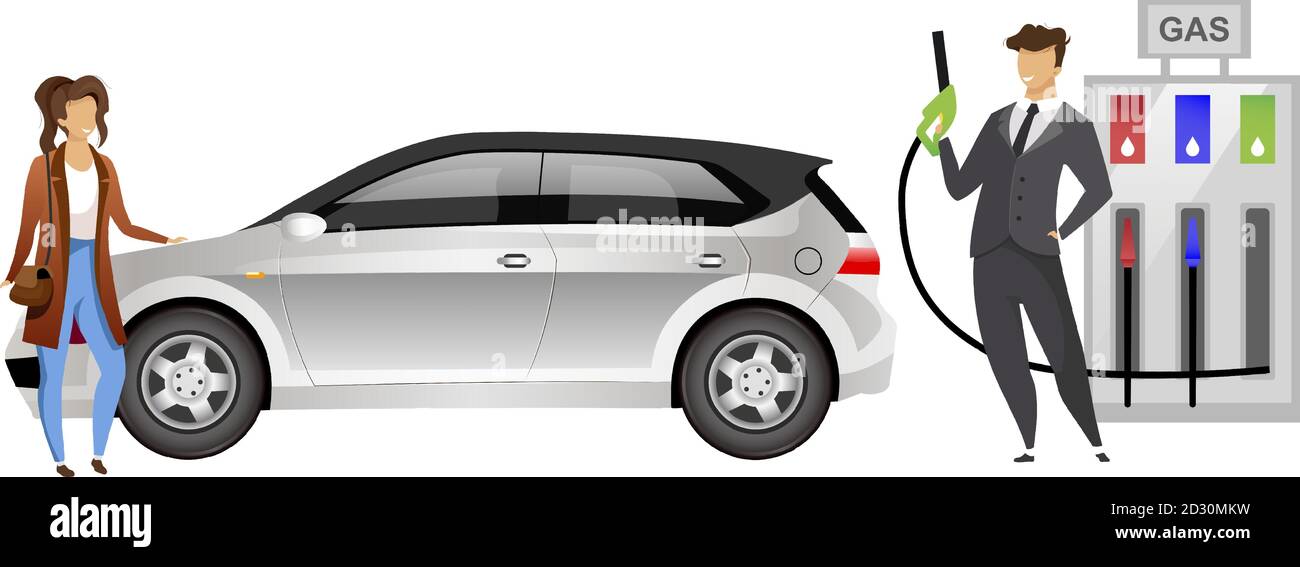 Couple at gas station flat color vector faceless characters. Husband ...