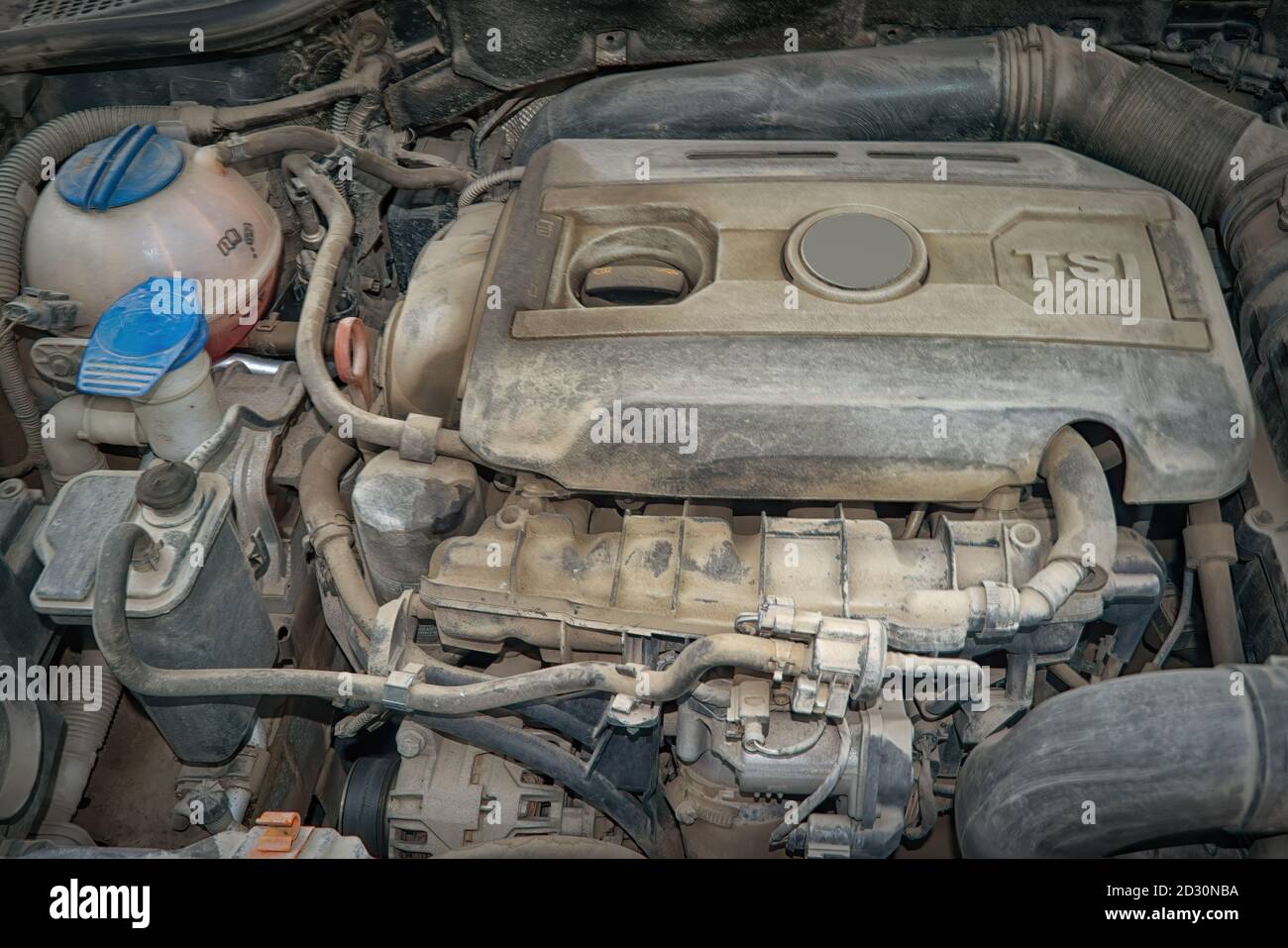 Dirty car engine top view close-up. Top view under the hood of an old ...