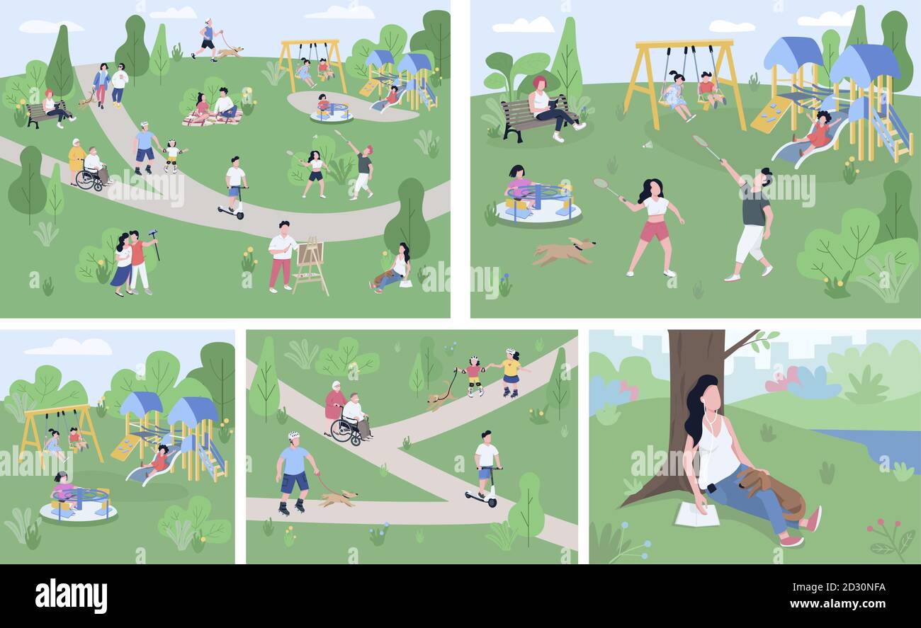 Rest in park flat color vector illustrations set. 2D cartoon characters ...