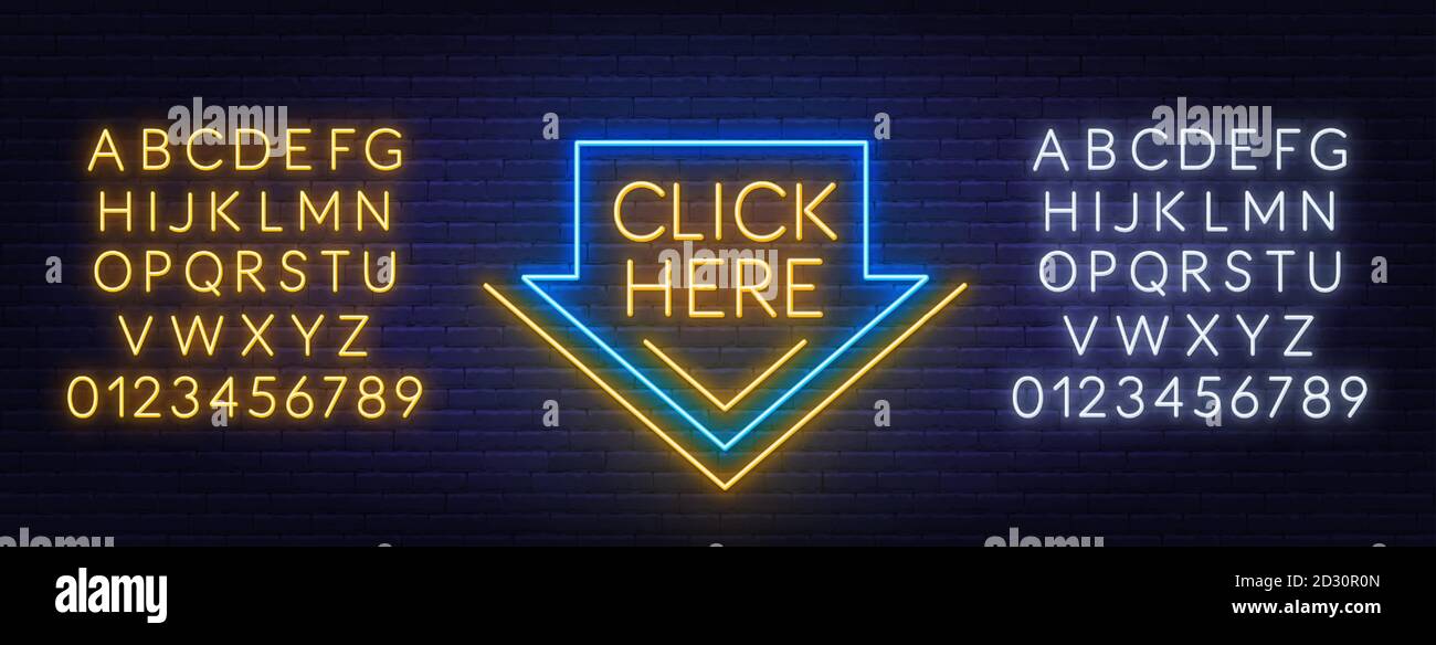 Click here neon sign with arrow on brick wall background Stock Vector ...