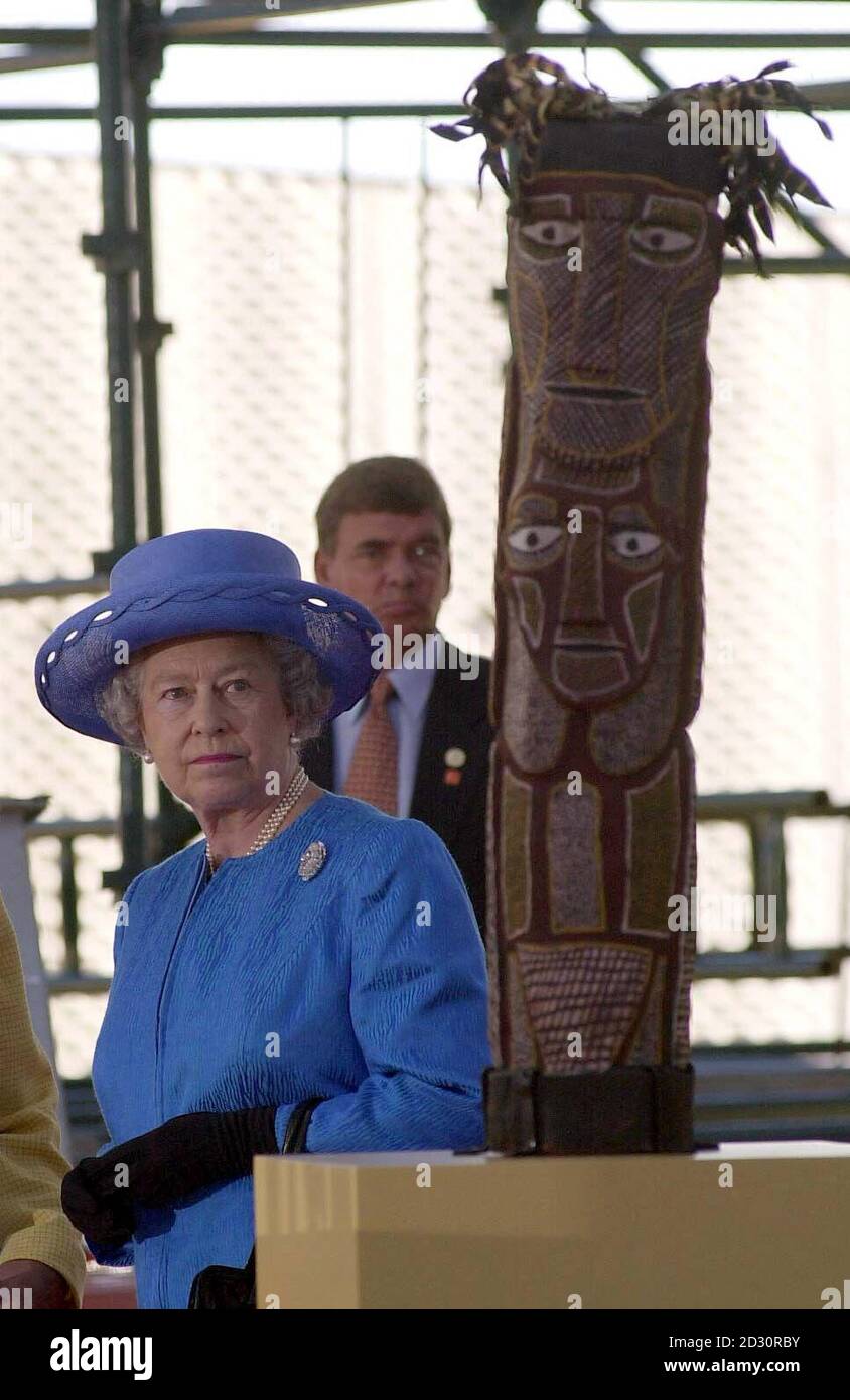 Britain's Queen Elizabeth II inspects an Aboriginal art exhibit at the ...