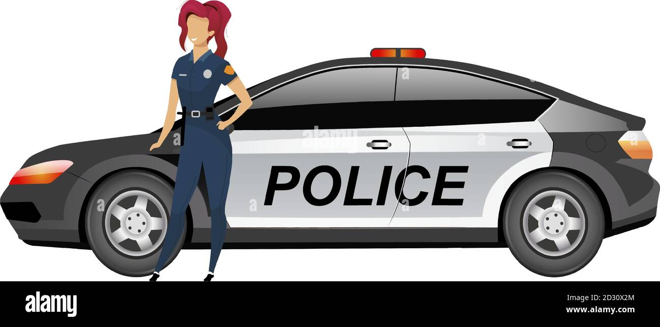 Woman cop standing by automobile flat color vector faceless character ...
