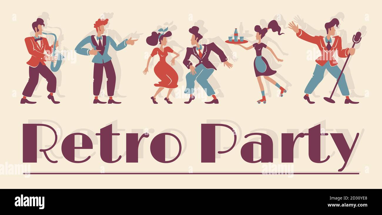 Retro party club banner flat vector template. 1950s style bar ...