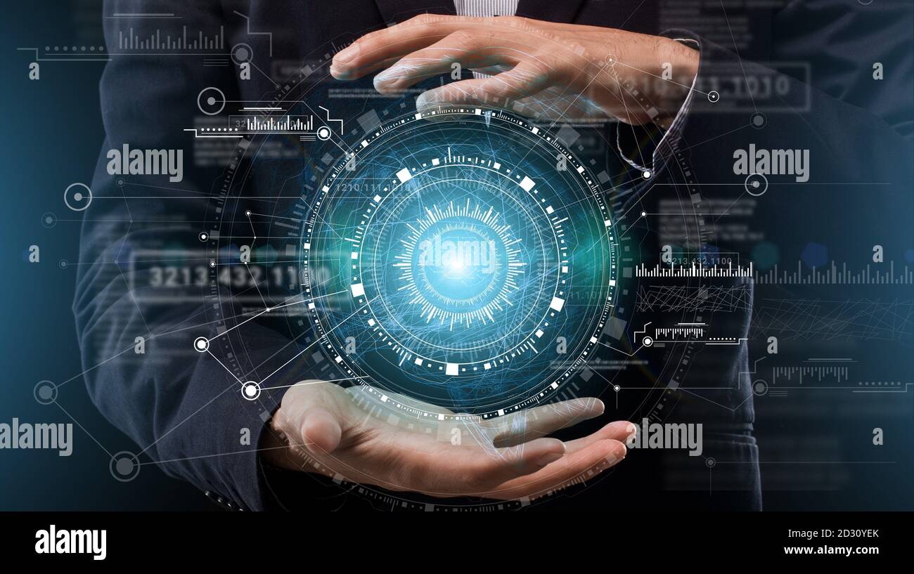 Futuristic innovations and smart technologies. Collage of young ...