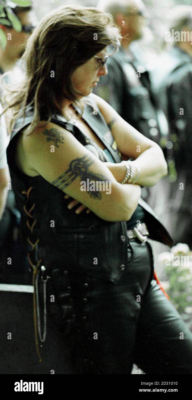 A mourner attending the funeral of UK Hells Angel founder member Dr Ian ...