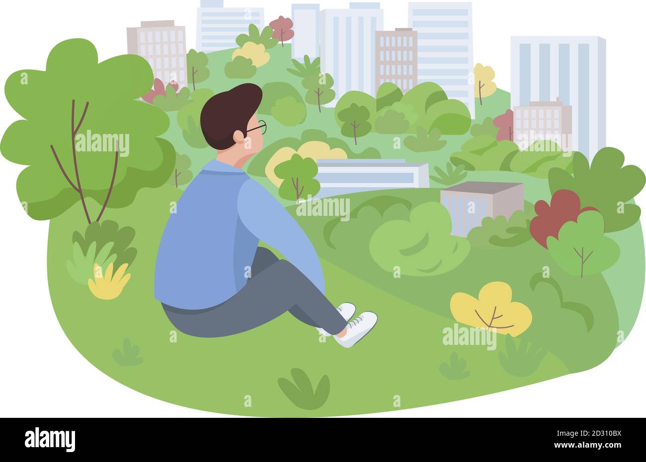 Rest in park semi 2D vector web banner, poster. Man sitting on meadow ...