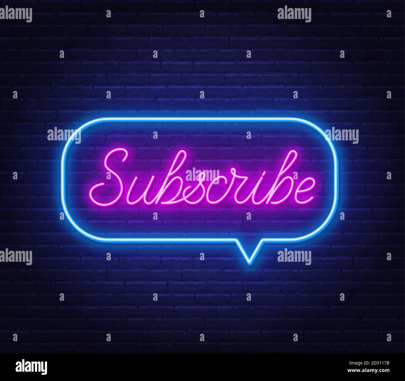 Subscribe neon text in a speech bubble frame on a brick wall background ...