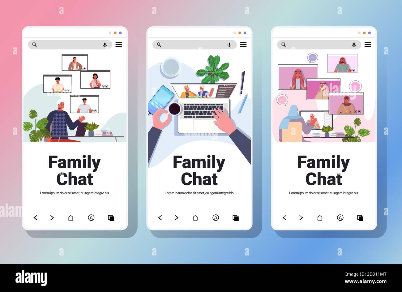 set mix race people having virtual meeting during video call family ...