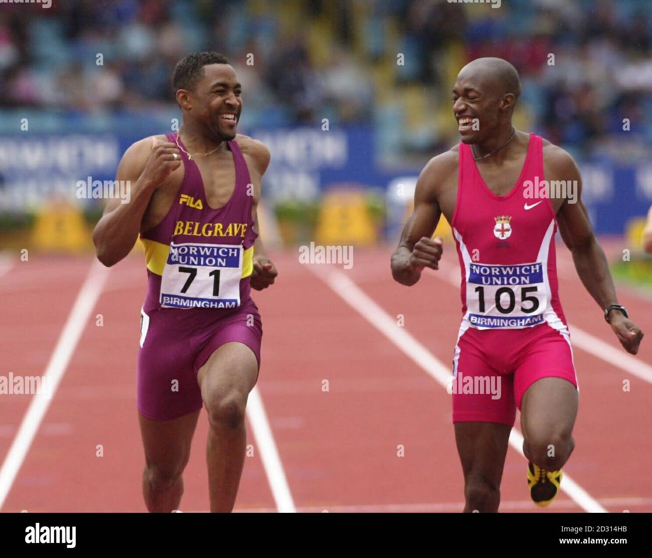 Marlon Devonish (R) jokes with Darren Campbell (L) as they come in ...