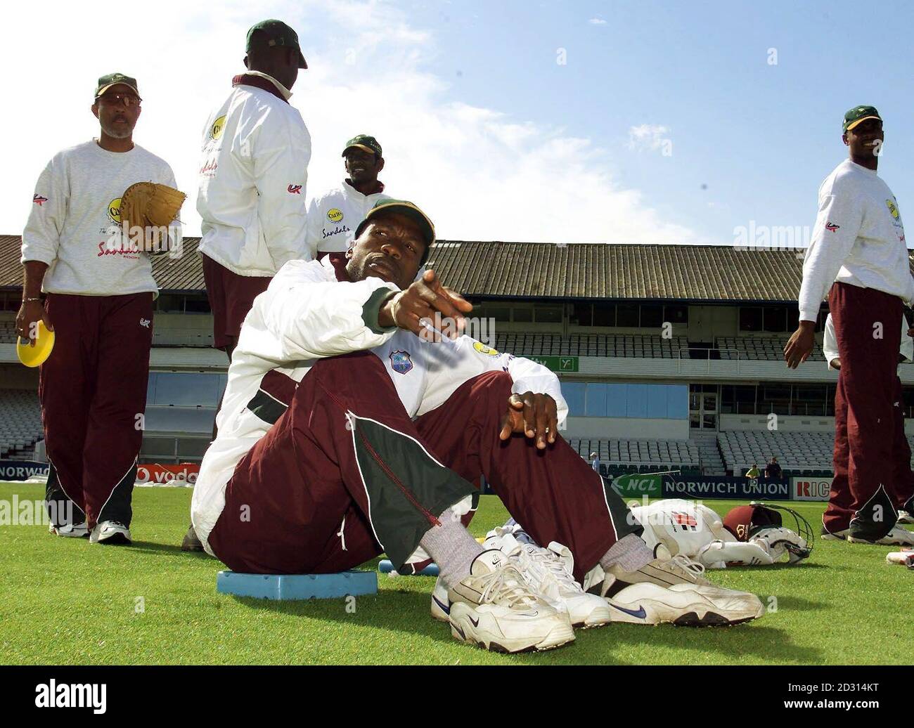 West Indies fast bowler Curtley Ambrose (centre) at a practice session ...