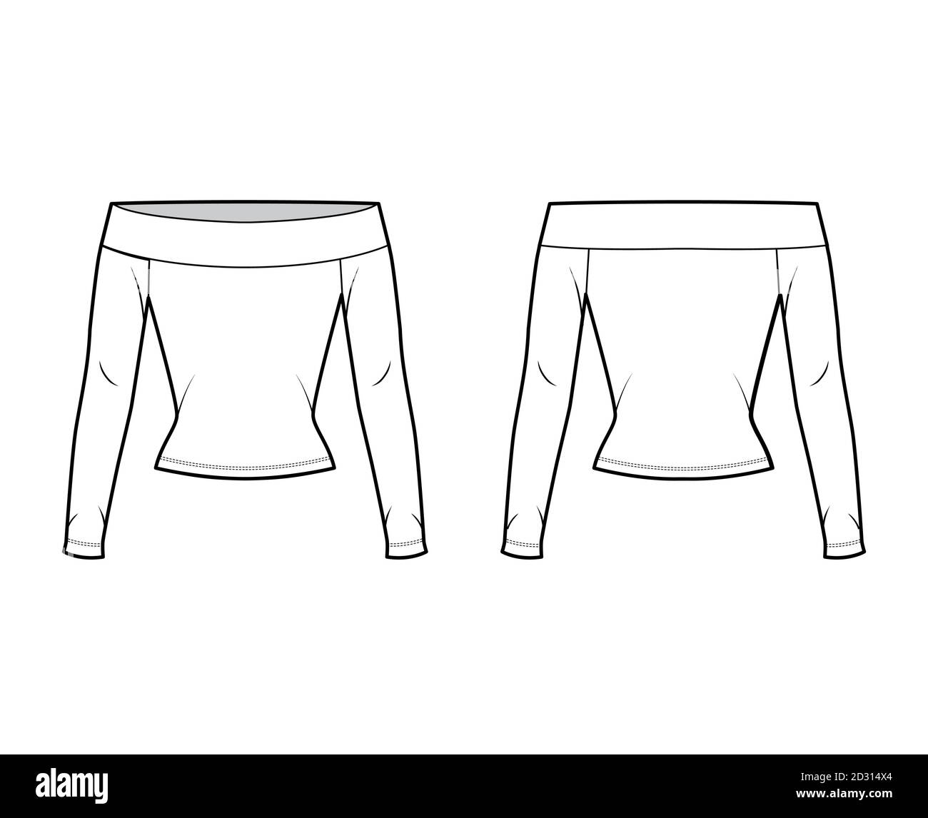 Off-the-shoulder stretch top technical fashion illustration with long ...