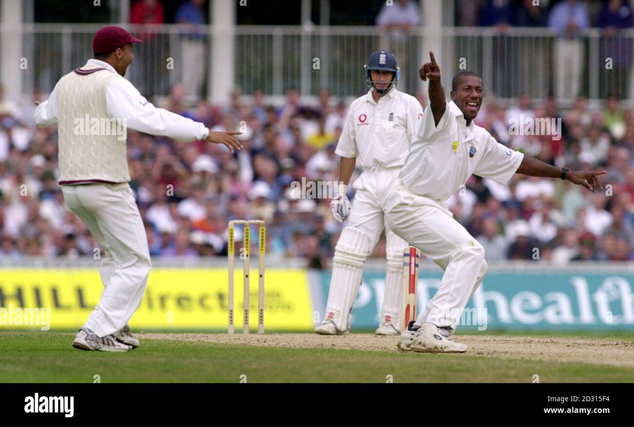 West Indies bowler Nixon McLean successfully appeals for the wicket of ...