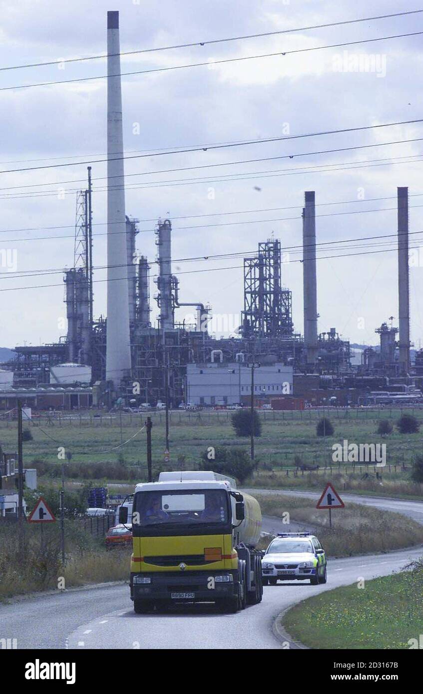 A petrol tanker leaves the oil refinery at Shell Haven in Stanford-le ...
