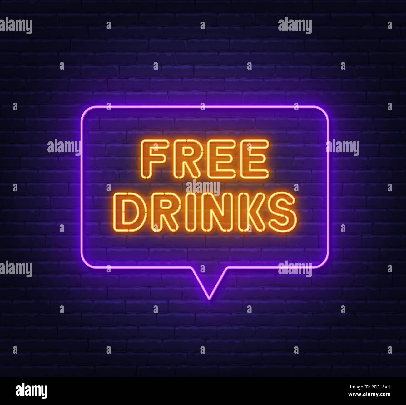 Free drinks neon sign in speech bubble frame on brick wall background ...