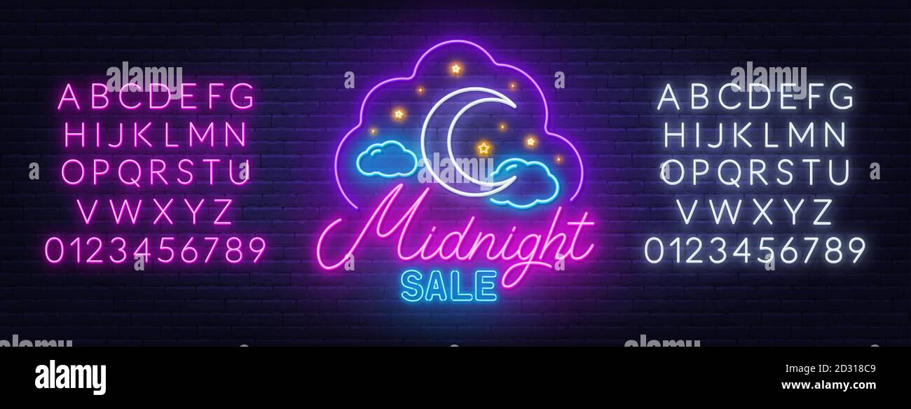 Midnight sale neon sign on a brick wall background Stock Vector Image ...