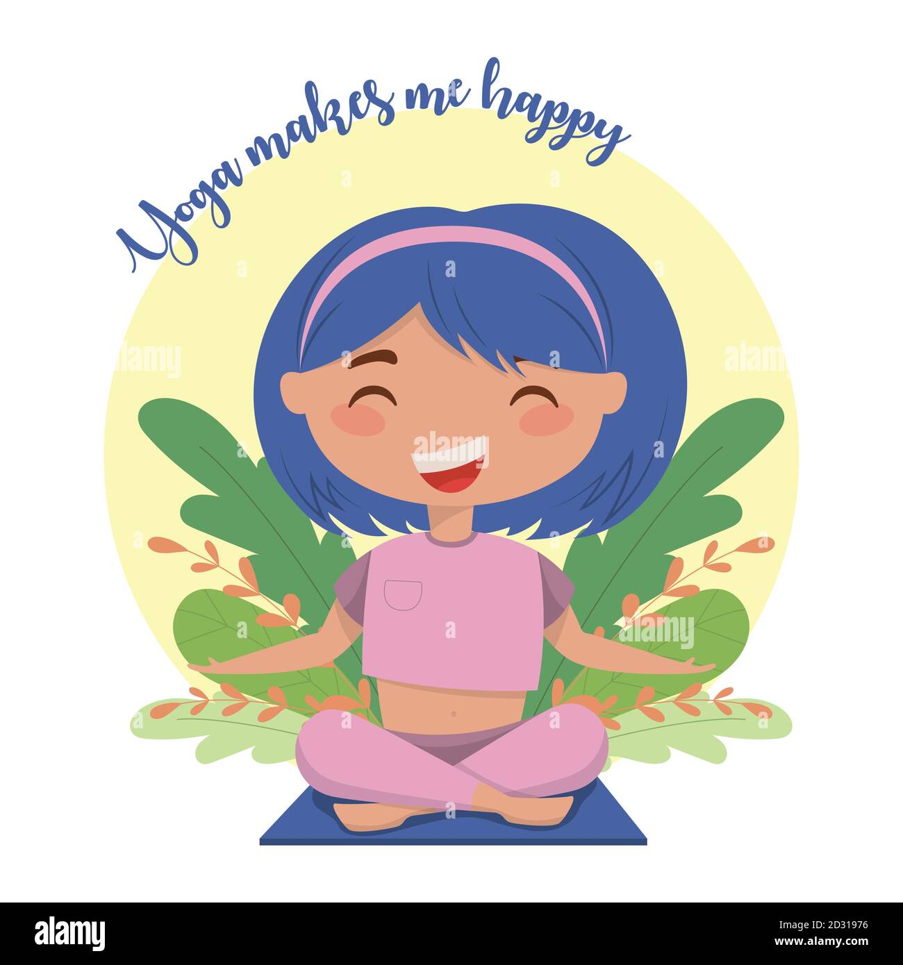 Cute cartoon girl doing yoga exercises. Inspiration lettering - Yoga ...