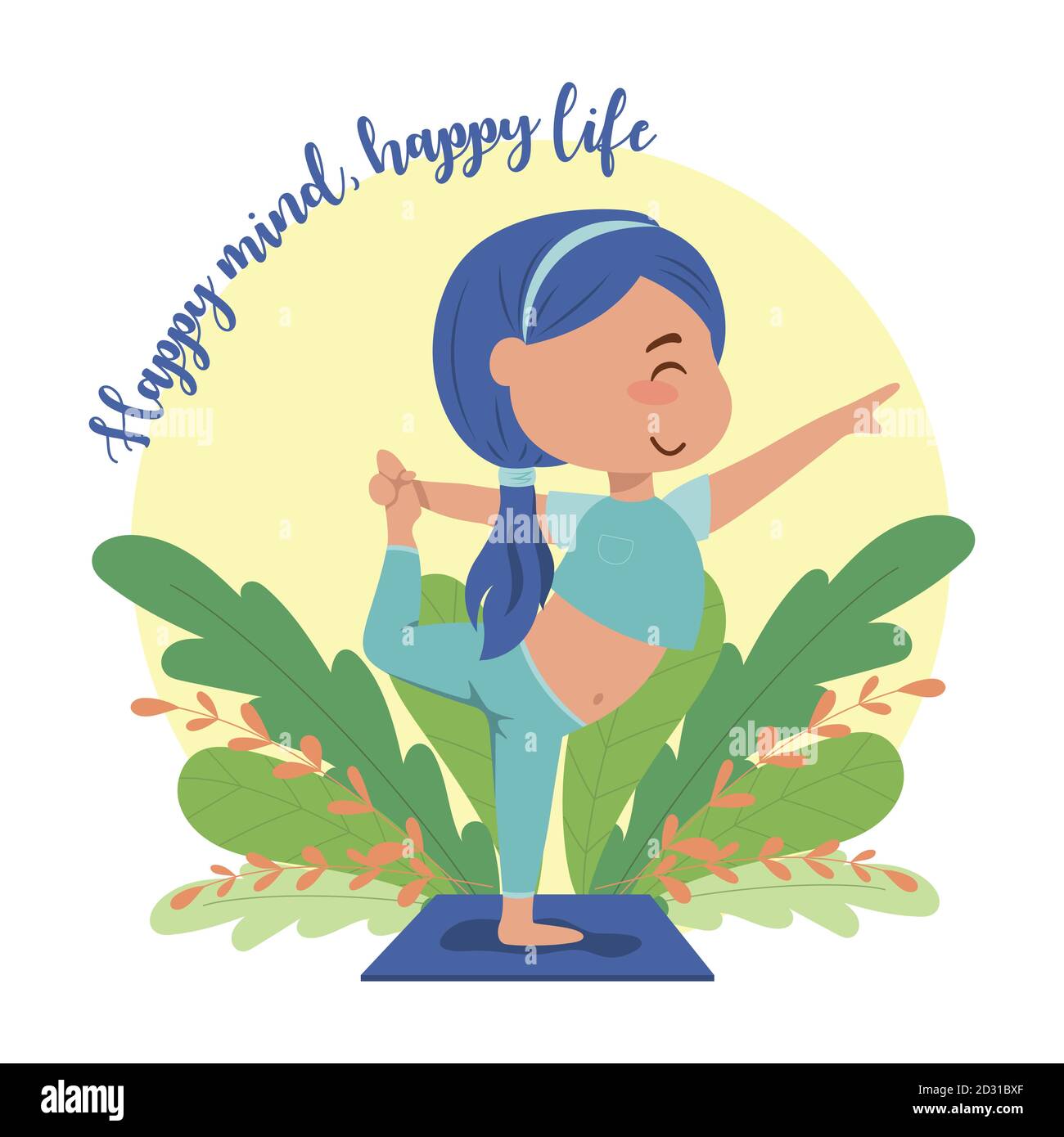 Cute cartoon girl doing yoga exercises. Inspiration lettering - Happy ...