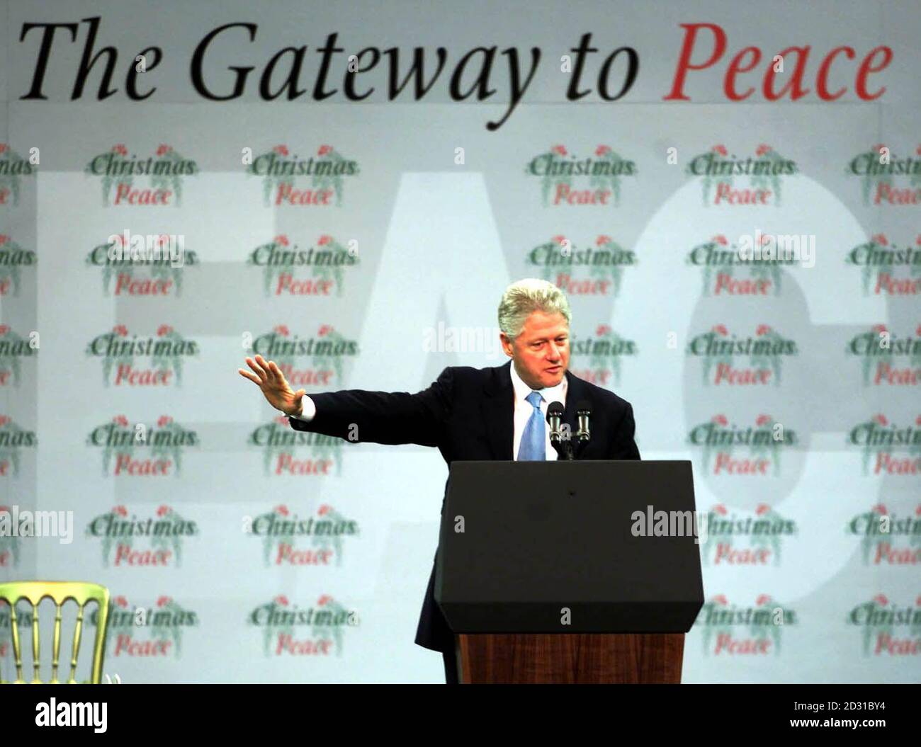US President Bill Clinton making his key-note speech on the podium at ...