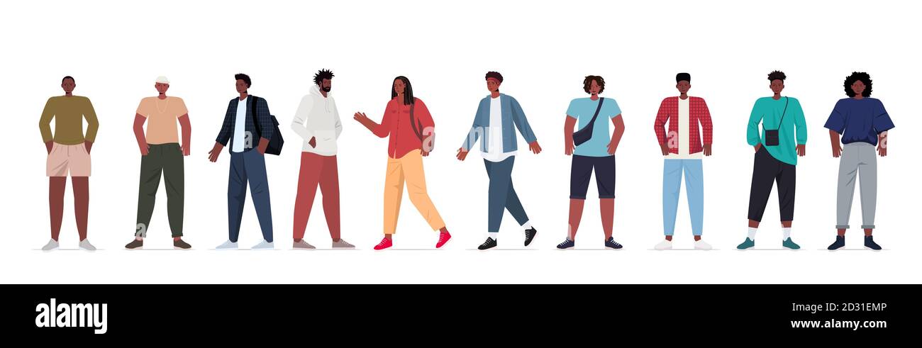 set young men in casual trendy clothes african american male cartoon ...