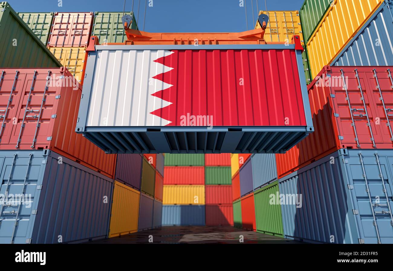 Container Terminal - Shipping Container with Bahrain flag. 3D Rendering ...