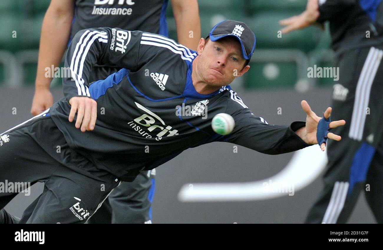 England's Ian Bell takes part in a fielding drill during the nets ...