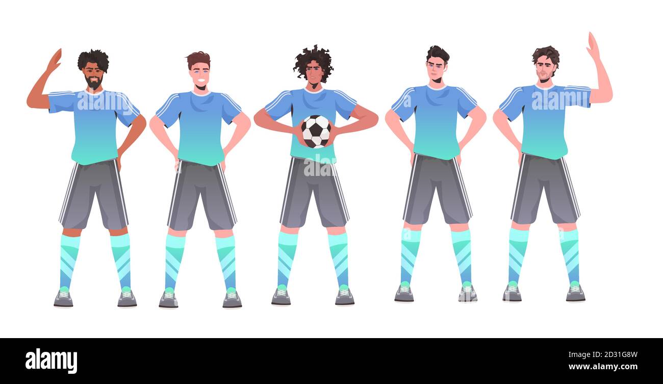 mix race footbal players standing together soccer team ready to start ...