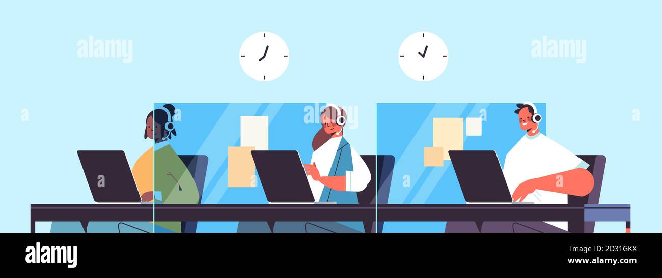 operators with headset chatting with clients call center agents working ...