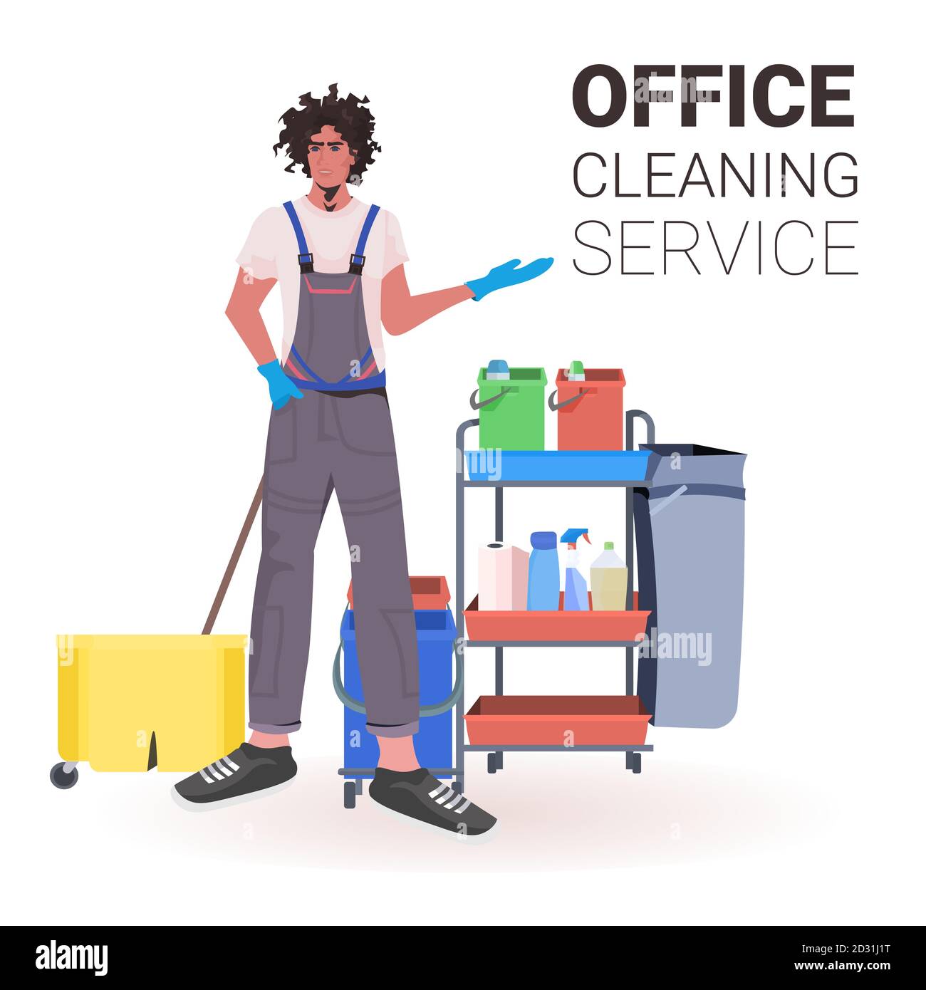 male professional office cleaner man janitor in uniform with cleaning ...