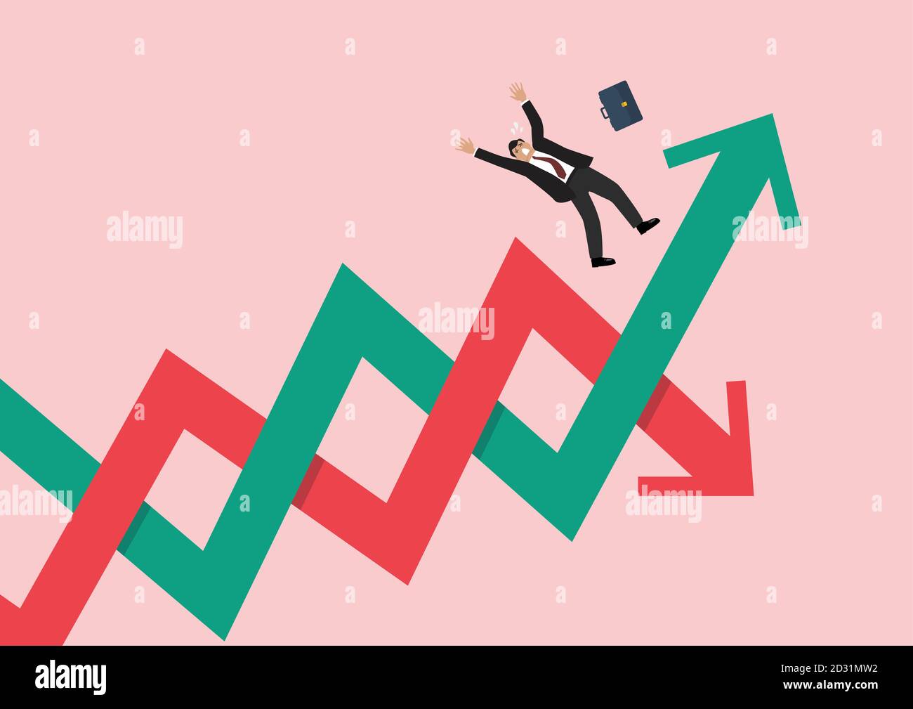 Businessman losing his balance on stock market fluctuation arrow. Graph up and Graph down ...