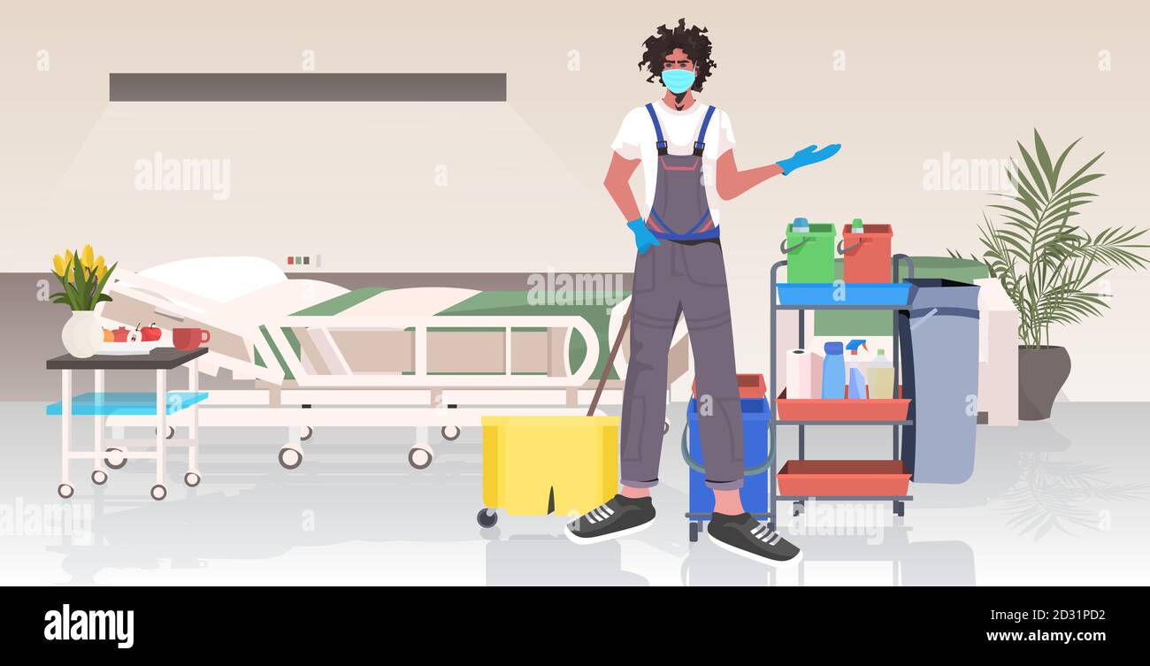 male professional cleaner in uniform man janitor using cleaning ...