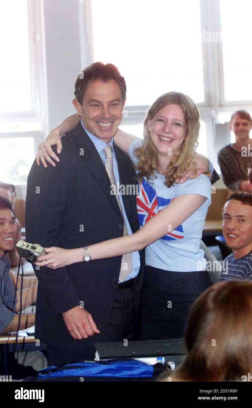 Prime Minister Tony Blair with student Jo Balchi during his visit to ...