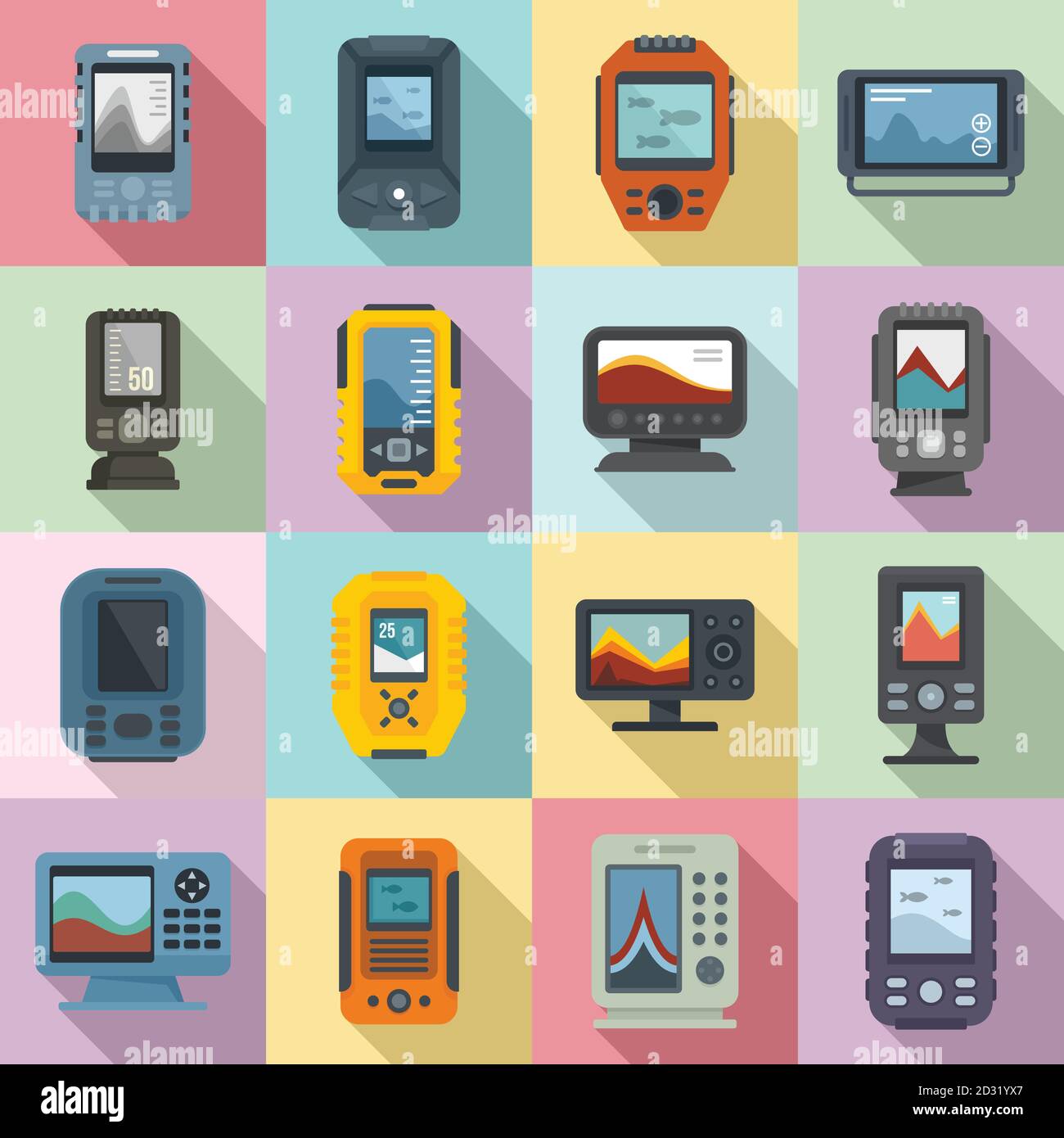 Echo sounder icons set. Flat set of echo sounder vector icons for web ...