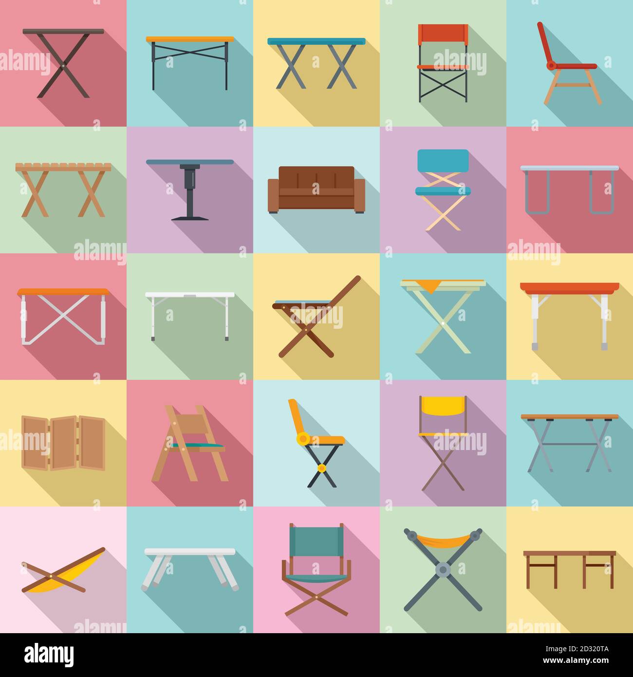 Folding furniture icons set. Flat set of folding furniture vector icons ...