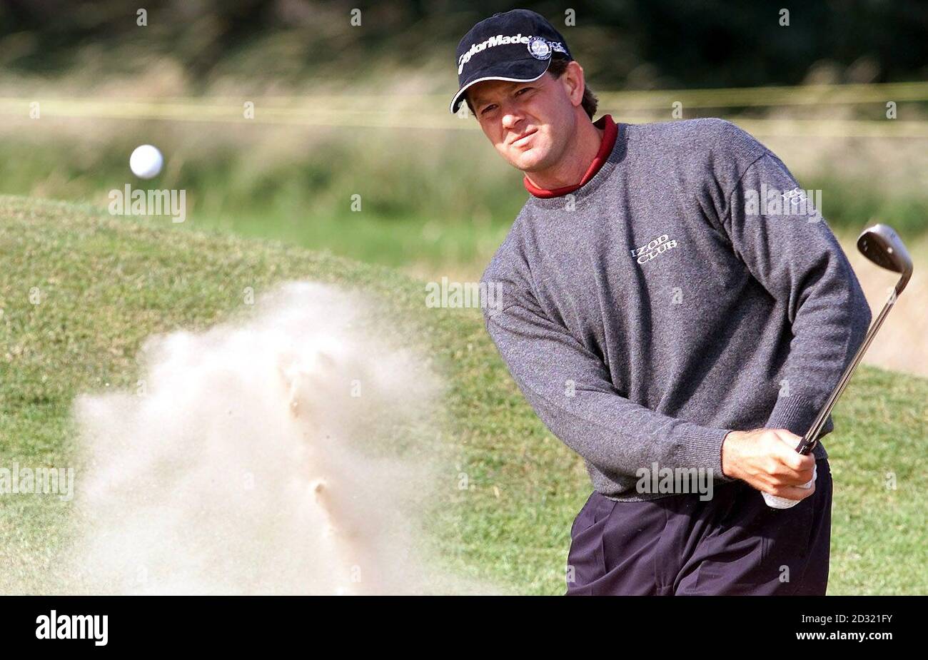 South African Retief Goosen escapes from a bunker during a practice ...