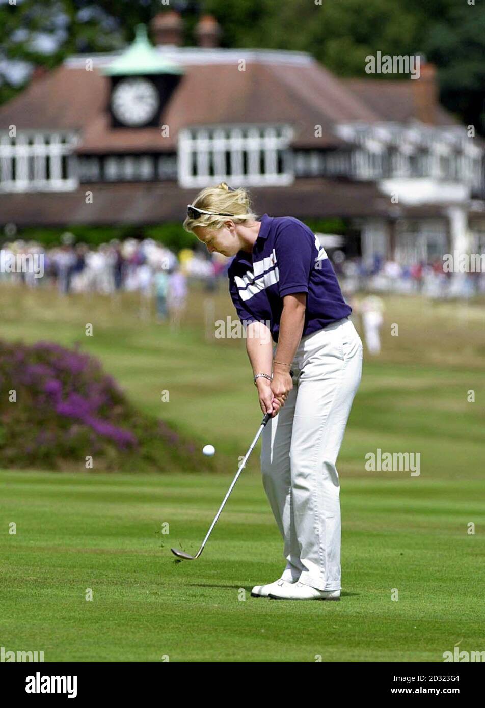 England's Rebecca Hudson (leading amateur) plays her third shot to the ...