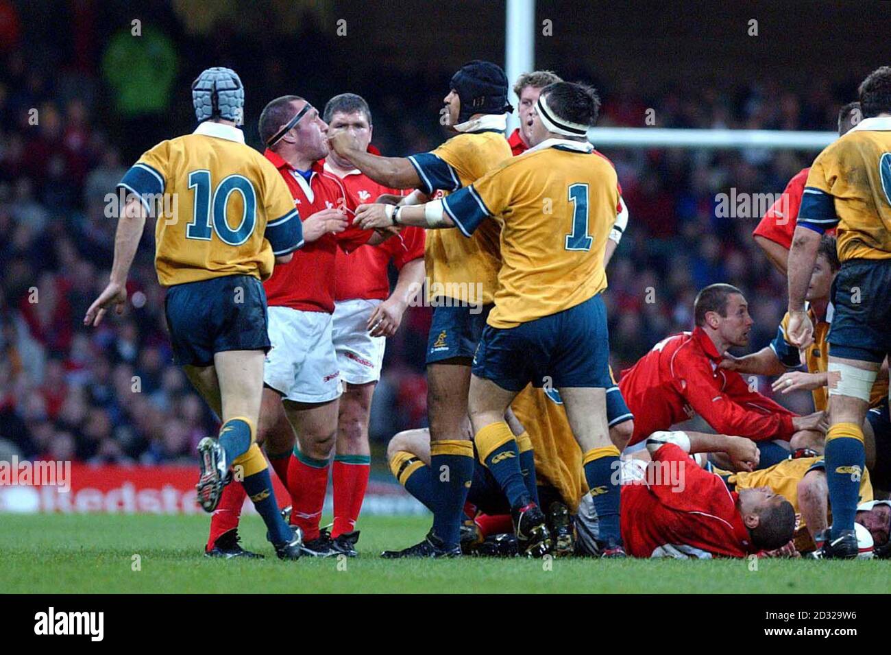 Wales' Robin McBryde and Australia's David Giffin have a disagreement ...