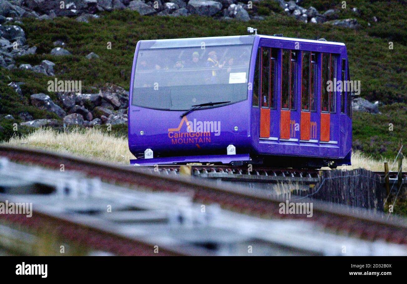 The CairnGorm Funicular railway carries passengers along a 2 km track on the mountainside during ...